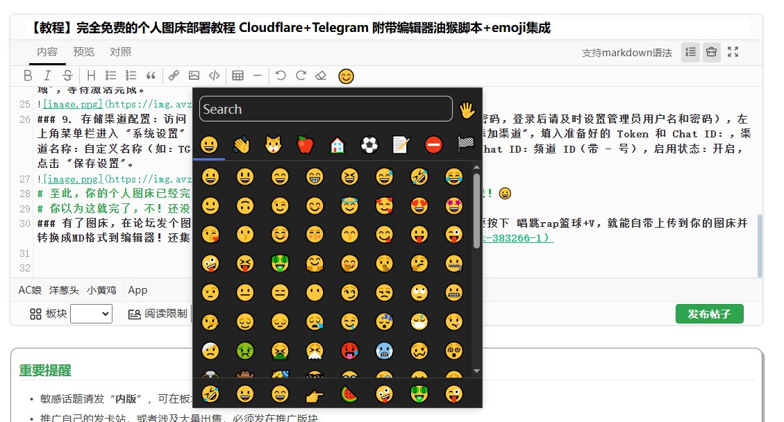 【教程】完全免费的个人图床部署教程 Cloudflare+Telegram 附带编辑器一键上传脚本+emoji集成😊